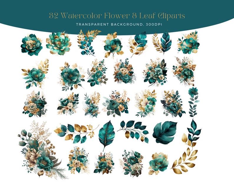 Teal and Gold Flowers PNG, Watercolor Floral Clipart Bouquets, Elements ...