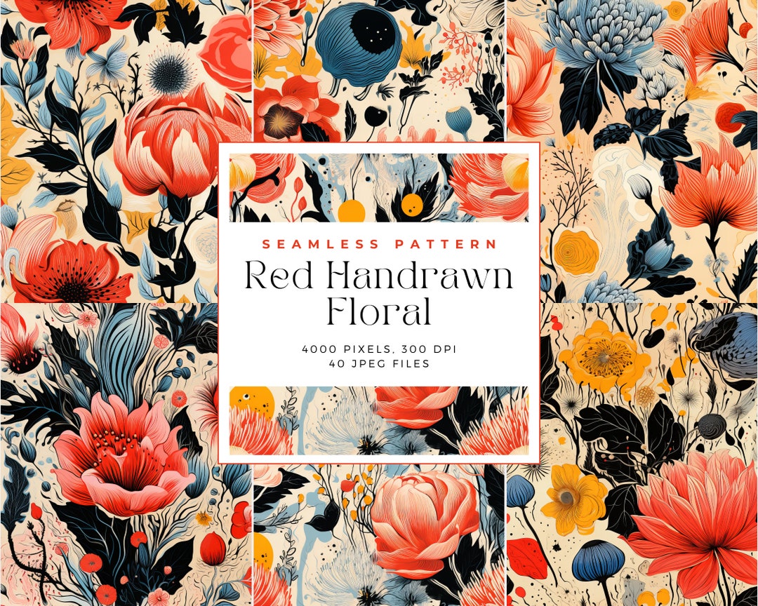 Red Handrawn Floral Seamless Pattern Paper, Seamless Handrawn Floral ...