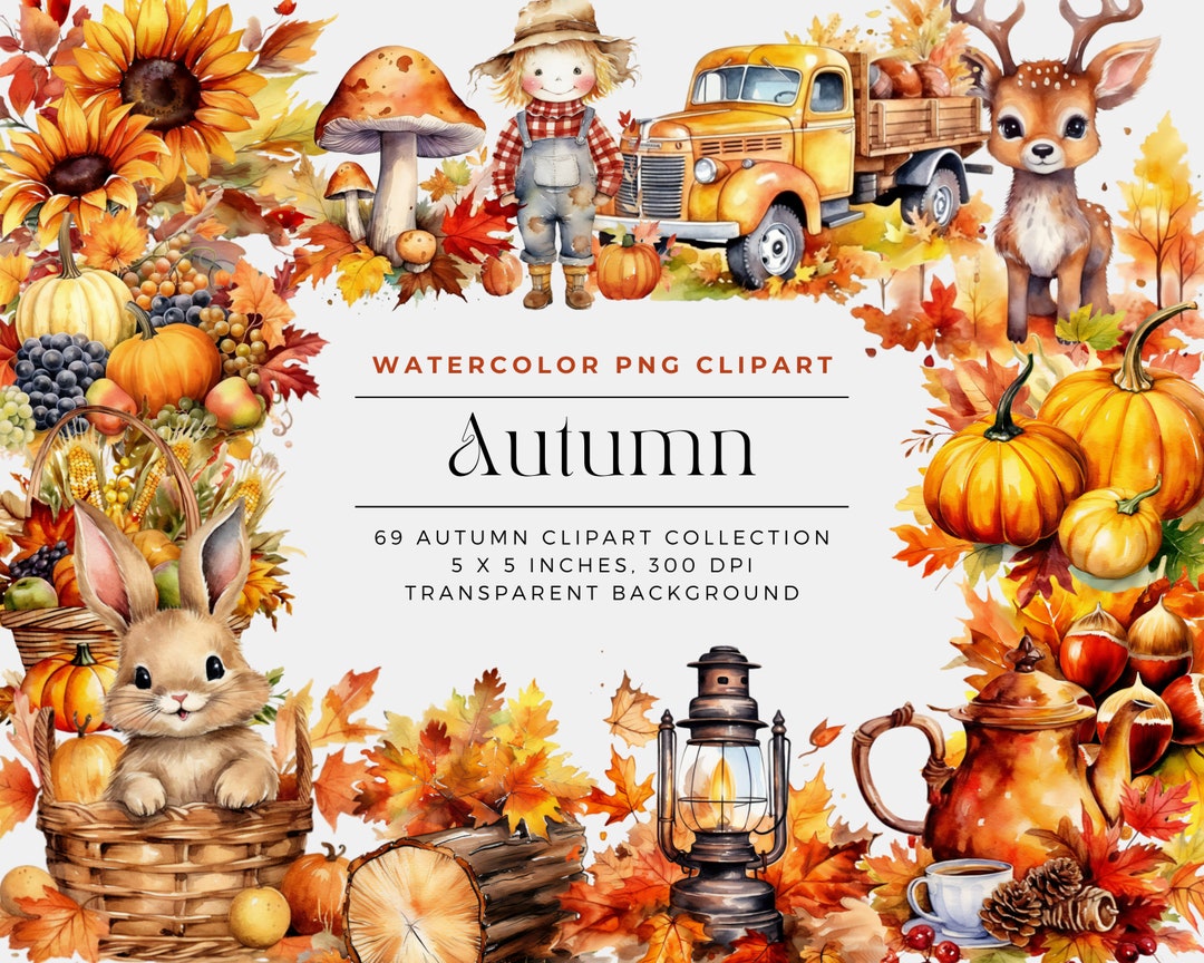 Watercolor Autumn Elements Clipart, Pumpkin Clipart, Autumn Leaves ...