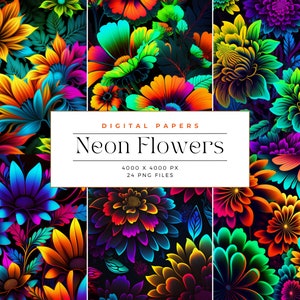 Bright Neon Flowers Digital Paper, Abstract Neon Floral Background ...