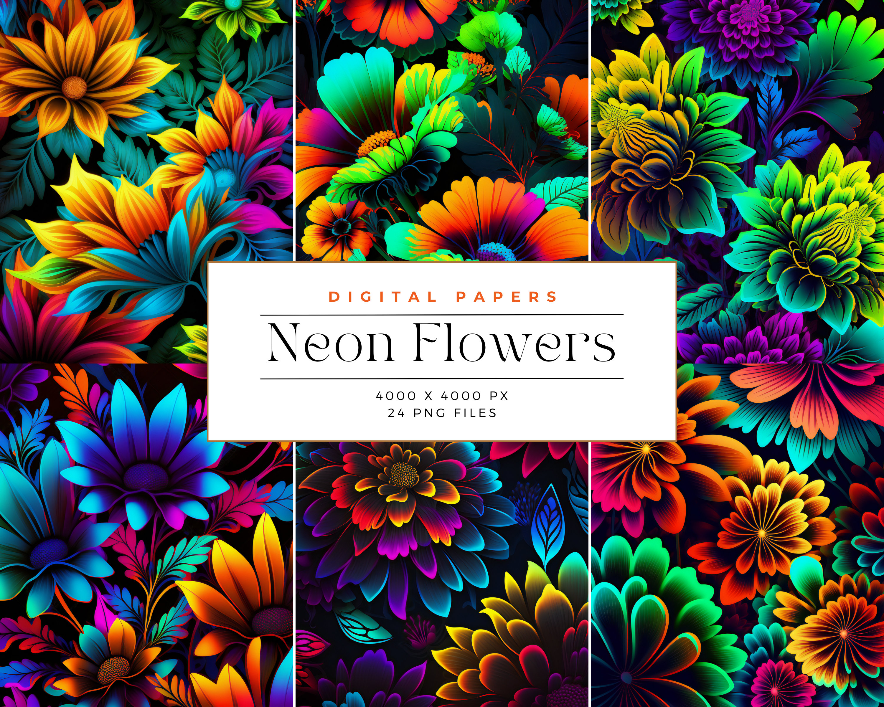 Bright Neon Flowers Digital Paper, Abstract Neon Floral Background ...