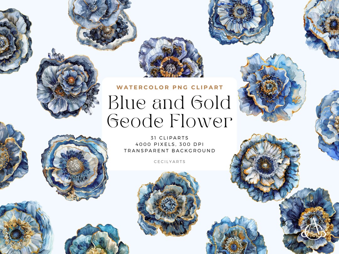 Blue and Gold Geode Flower Clipart, Blue Geode, Watercolor Floral ...