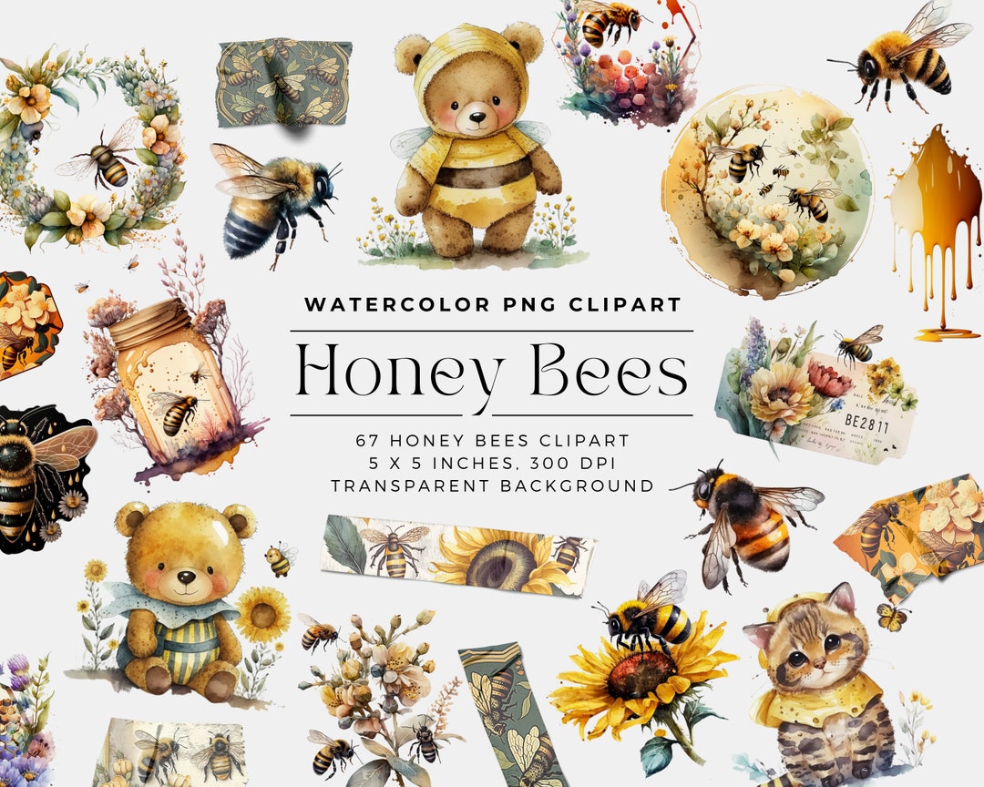 Watercolor Bees Clipart. Digital Clipart Png, Honey Bee Clipart, Cute ...