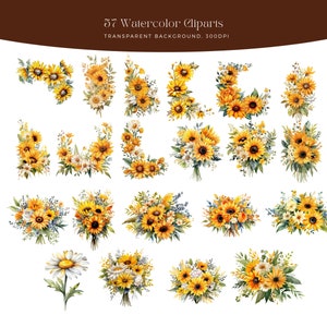 Sunflower and Daisies Flowers PNG, Watercolor Floral Clipart Bouquets ...