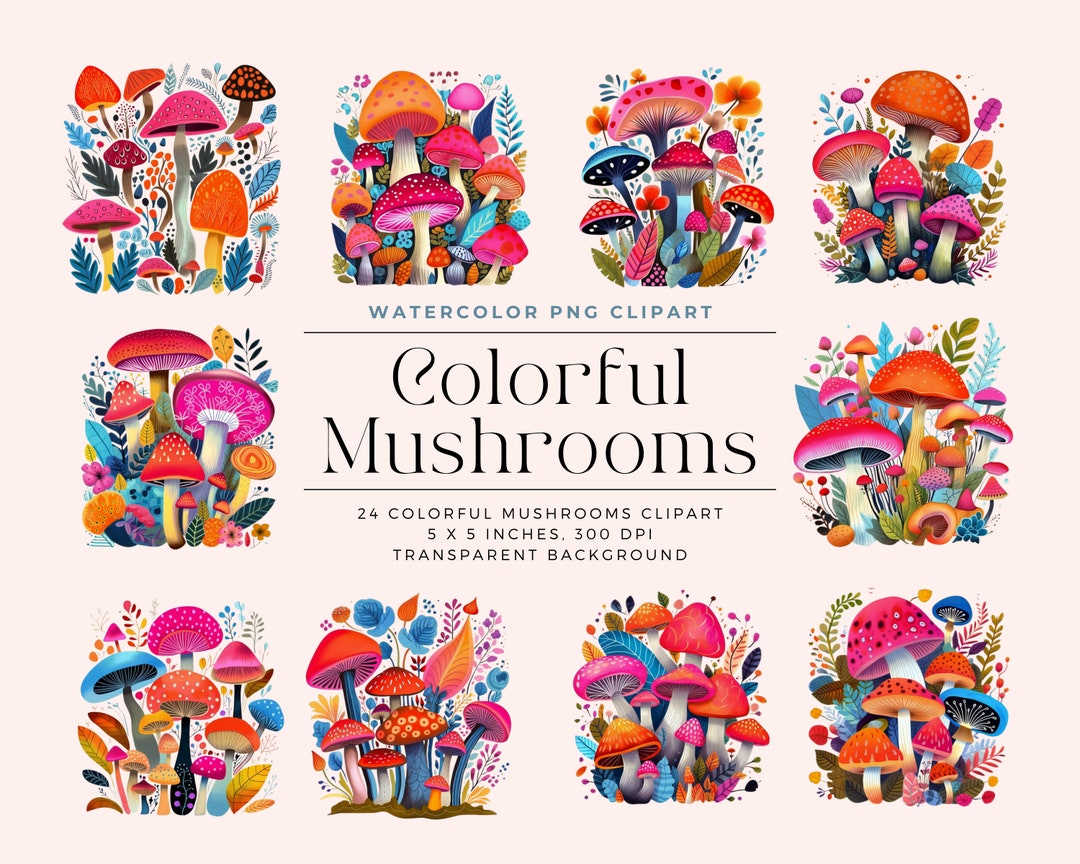 Watercolor Colorful Mushroom Clipart, Cute Forest Nature, Colorful ...