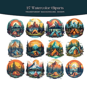 Watercolor Camping Tents Clipart, Tents, Camping, Hiking, Romantic ...