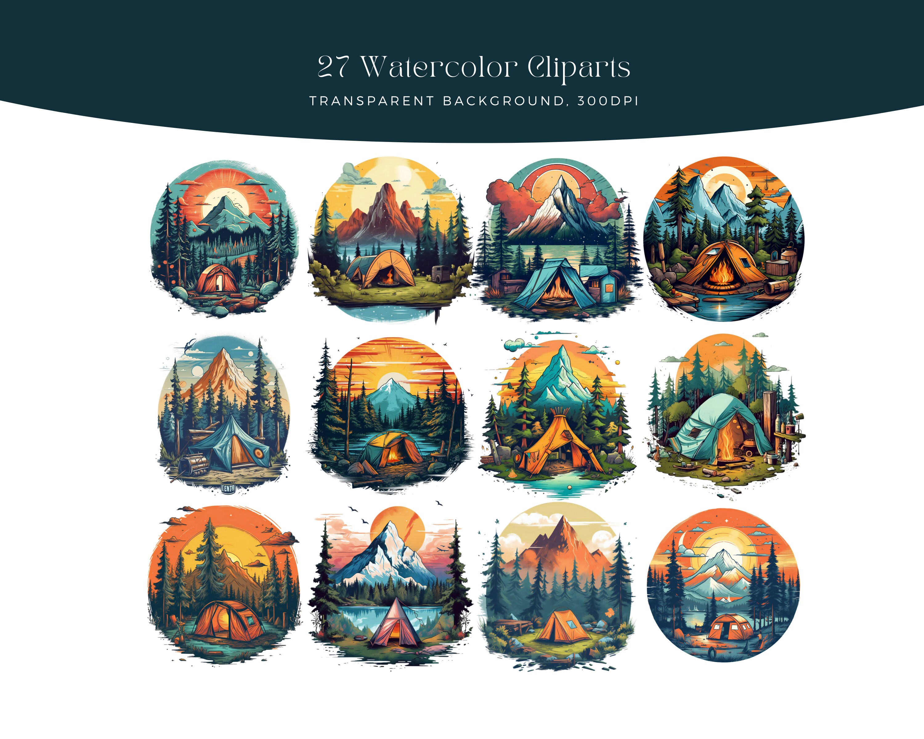 Watercolor Camping Tents Clipart, Tents, Camping, Hiking, Romantic ...