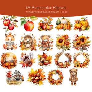 Watercolor Autumn Elements Clipart, Pumpkin Clipart, Autumn Leaves ...