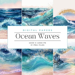 Watercolor Ocean Waves Digital Paper, Water Wave PNG, Glittery Ocean ...