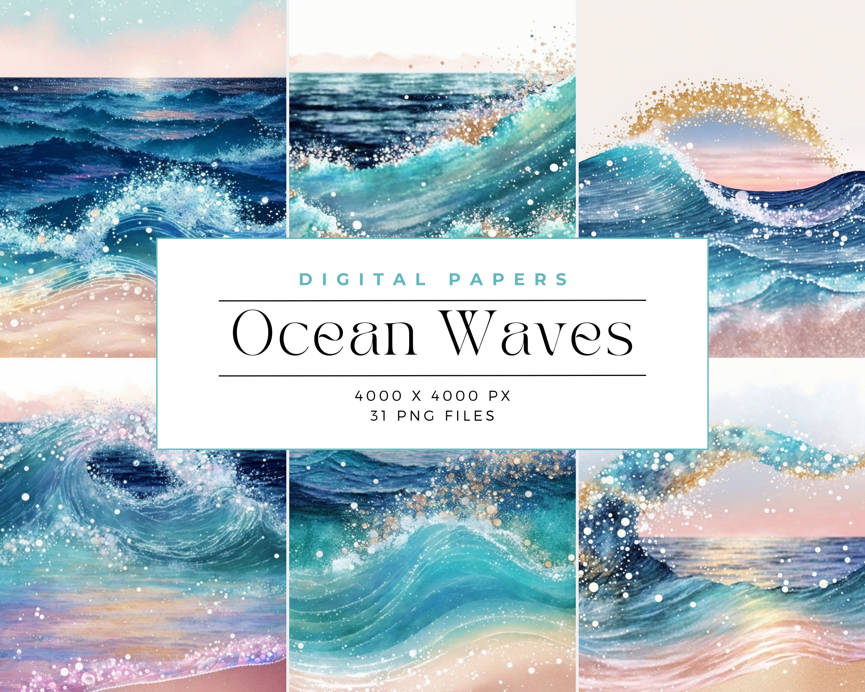 Watercolor Ocean Waves Digital Paper Water Wave PNG Glittery - Etsy