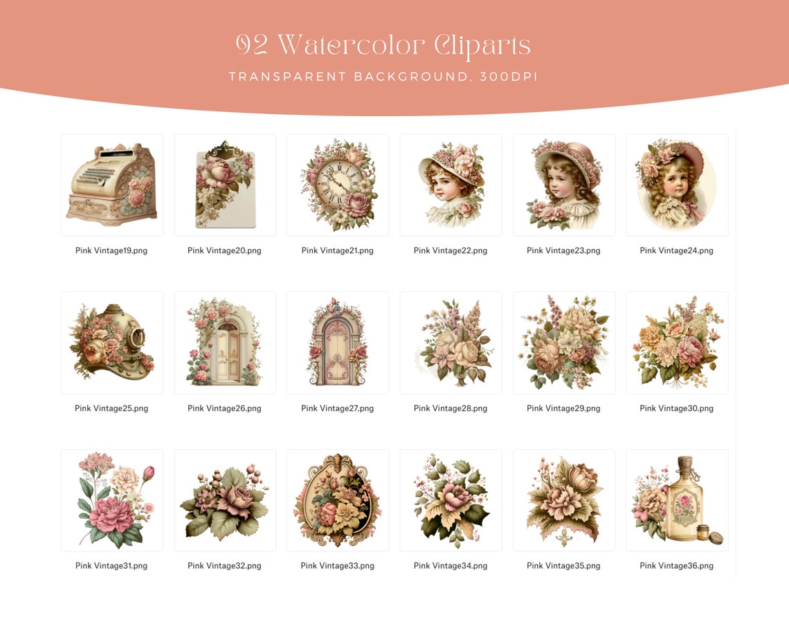 Pink Vintage PNG, Vintage Scrapbook Clipart Bouquets, Elements ...