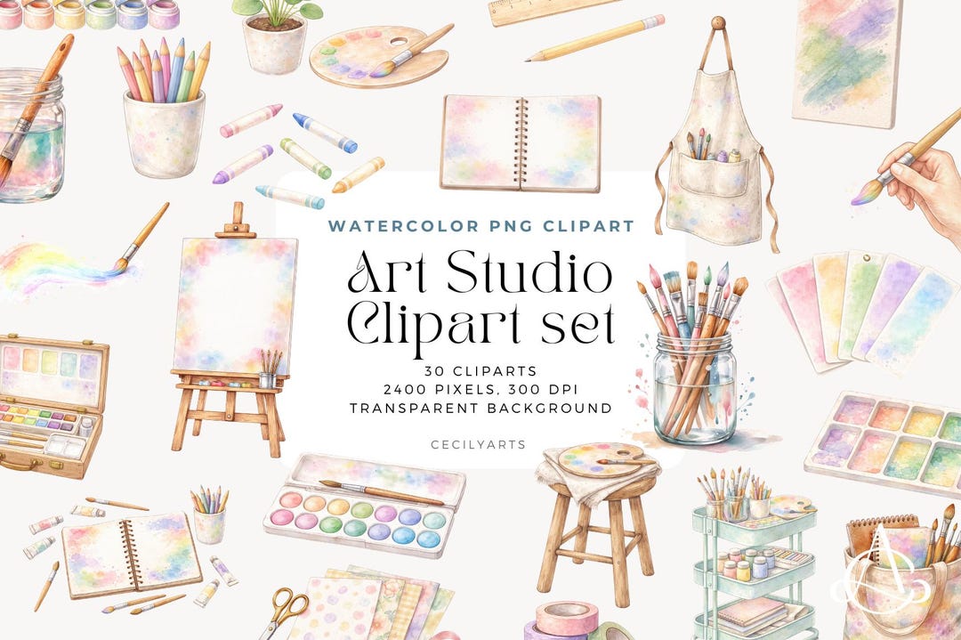 Watercolor Art Studio Clipart Set, Painting Tools PNG, Pastel Artist ...