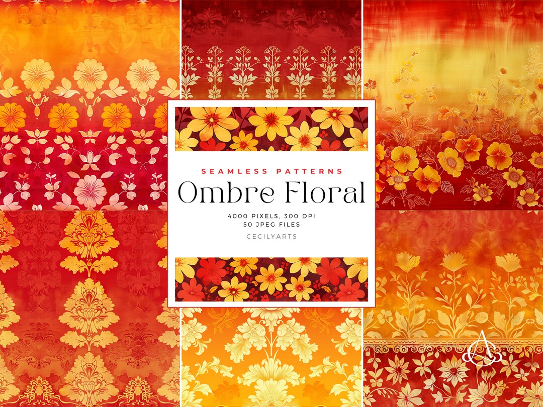 Red and Orange Ombre Floral Seamless Patterns, Red to Orange Gradient ...