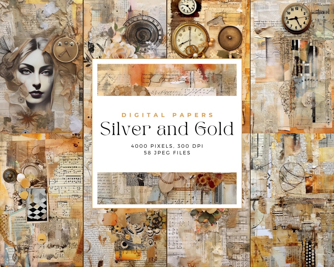 Silver and Gold Junk Journal Pages, Digital Download JPG, Decorative ...