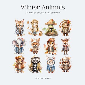 Watercolor Winter Animals Clip Art, Animals Wearing Jackets Watercolor ...