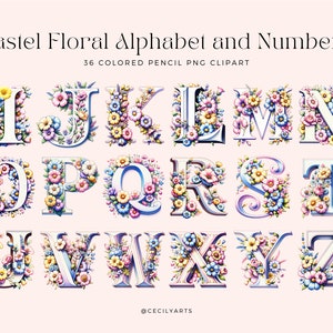 Colored Pencil Pastel Flower Alphabet and Numbers Cliparts, Alphabet ...
