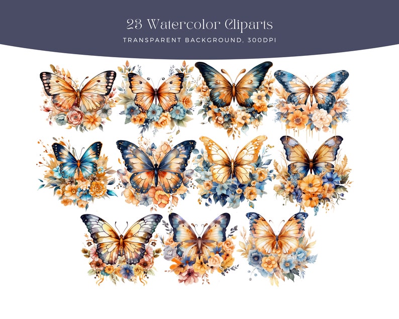 Watercolor Golden Butterfly Floral Clipart - Butterflies and Flowers ...
