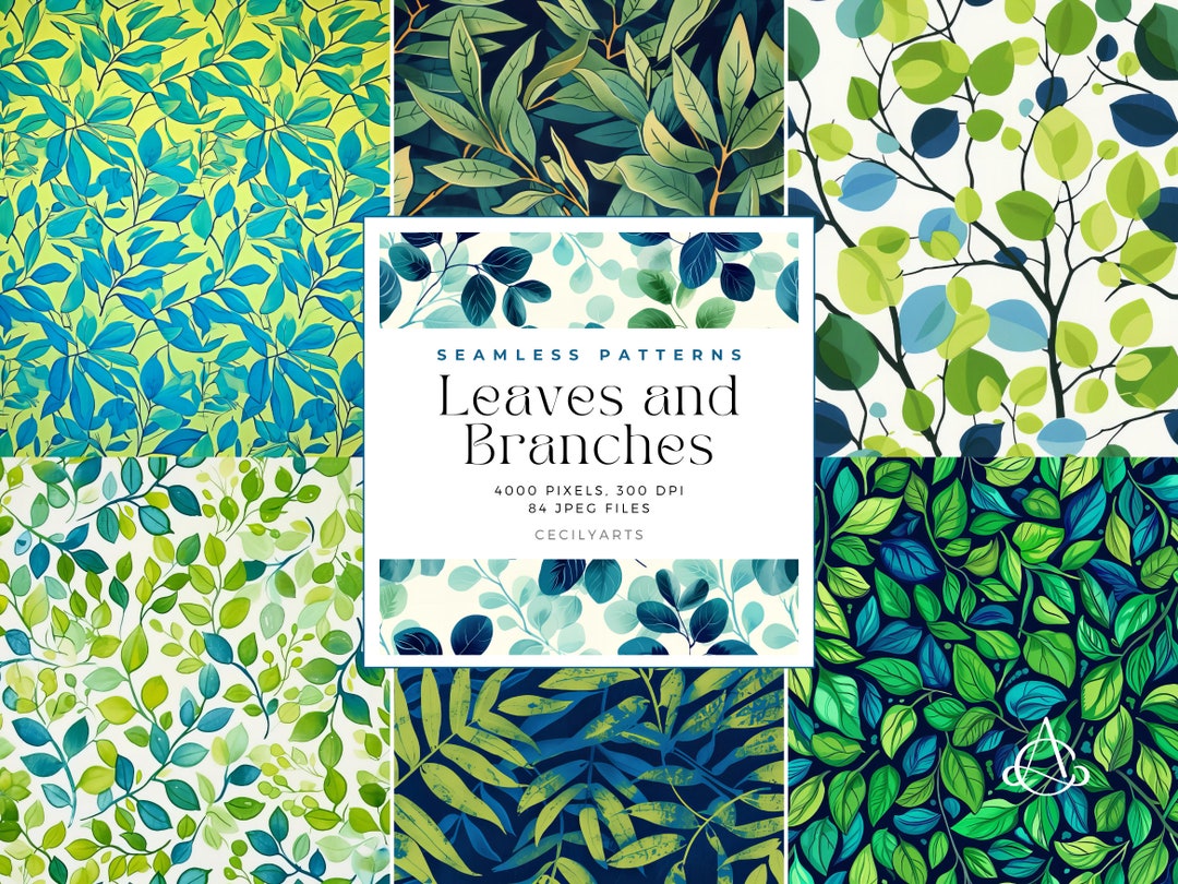 Leaves and Branches Seamless Patterns, Green Leaves Digital Paper ...