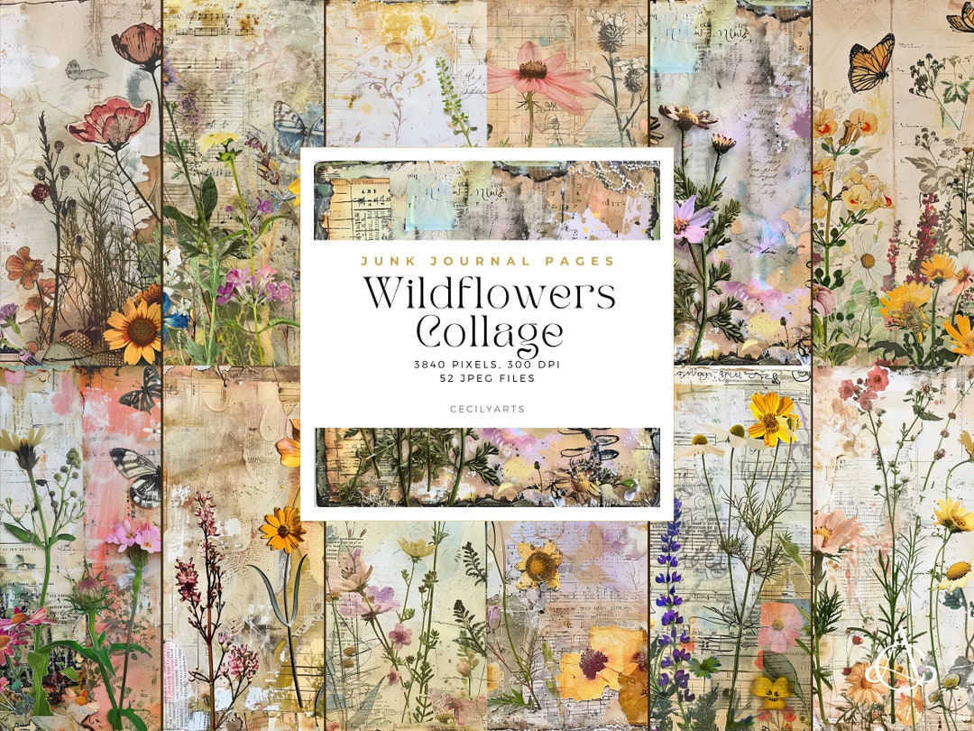 Wildflowers Collage Junk Journal Pages, Collage Sheets and Junk Journal ...