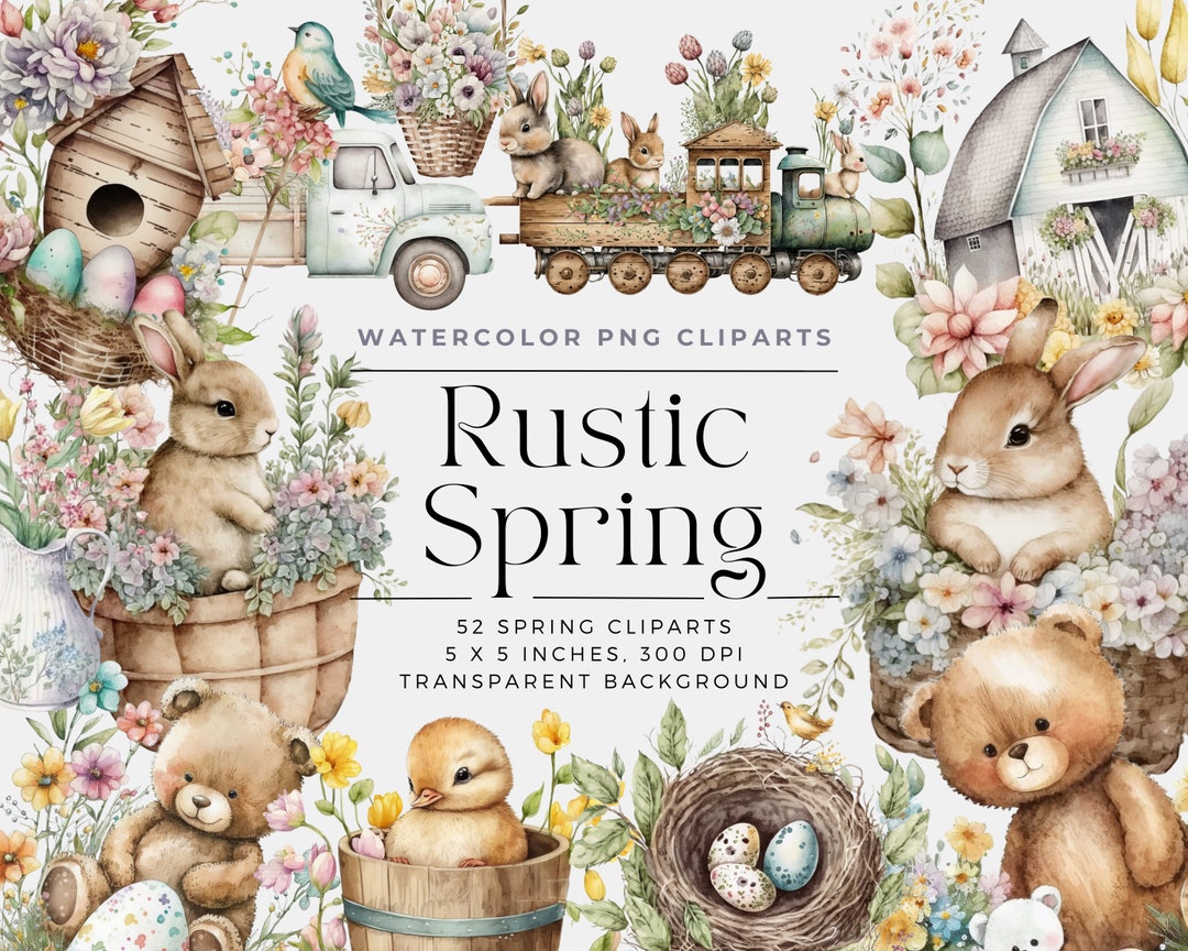 Rustic Easter Spring Clipart, Spring Easter, Farmhouse Garden Bunny ...