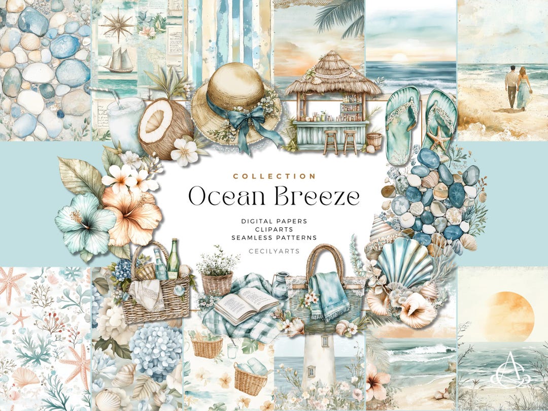 Tropical Beach Scene Clipart, Ocean Beach Art for Scrapbooking ...