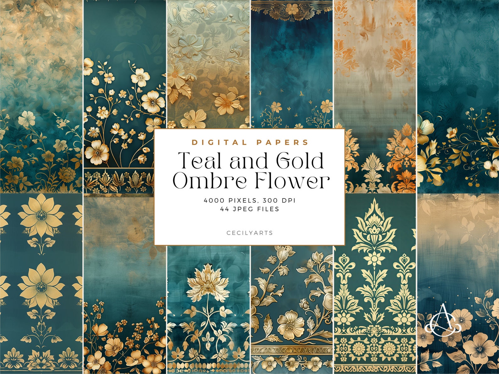 Teal and Gold Ombre Flower Background - Dark Teal and Gold Digital ...