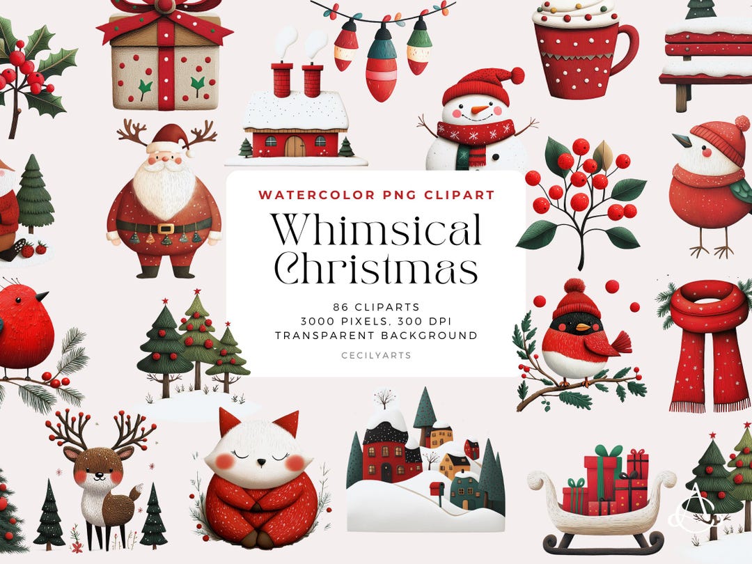 Whimsical Christmas Clipart: Pink Holiday PNG (86 Items) (digital ...
