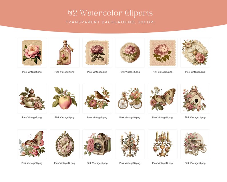 Pink Vintage PNG, Vintage Scrapbook Clipart Bouquets, Elements ...