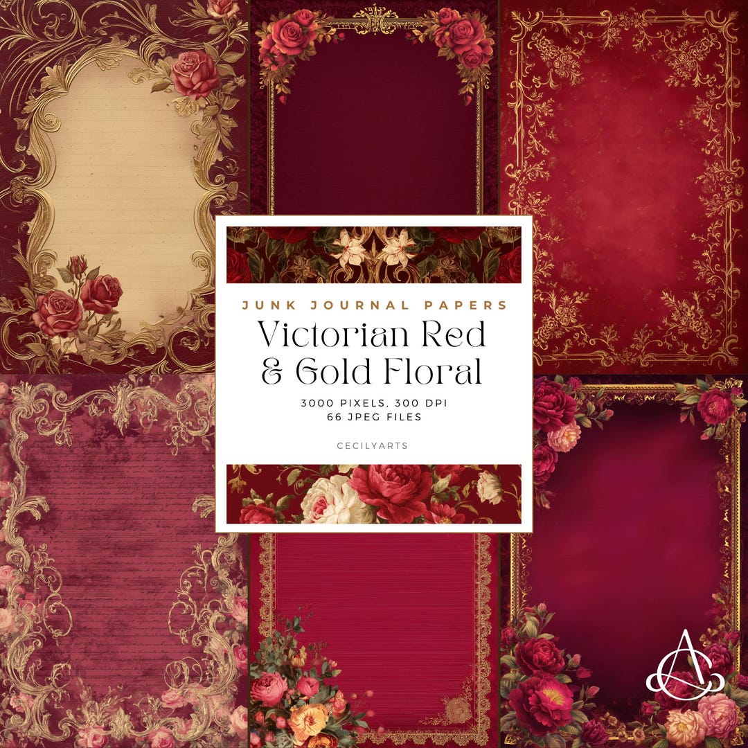 Victorian Red & Gold Floral Junk Journal Papers | Vintage Rose ...