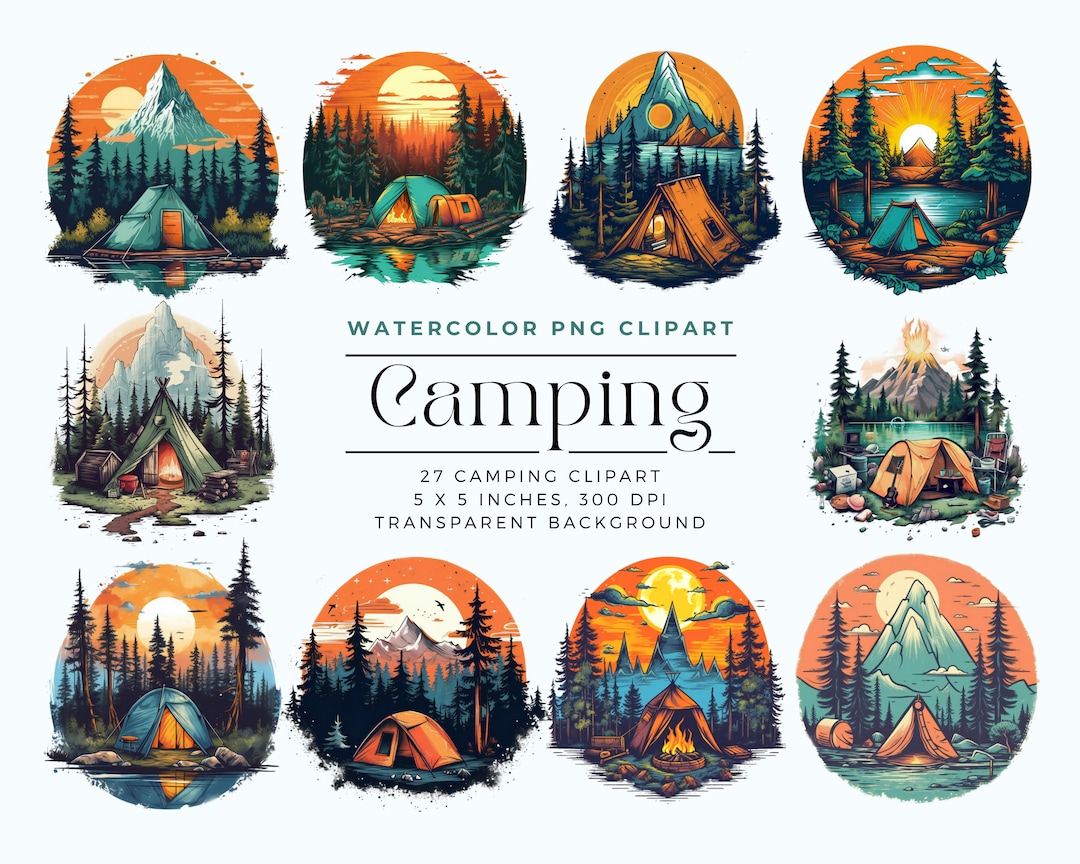 Watercolor Camping Tents Clipart, Tents, Camping, Hiking, Romantic ...