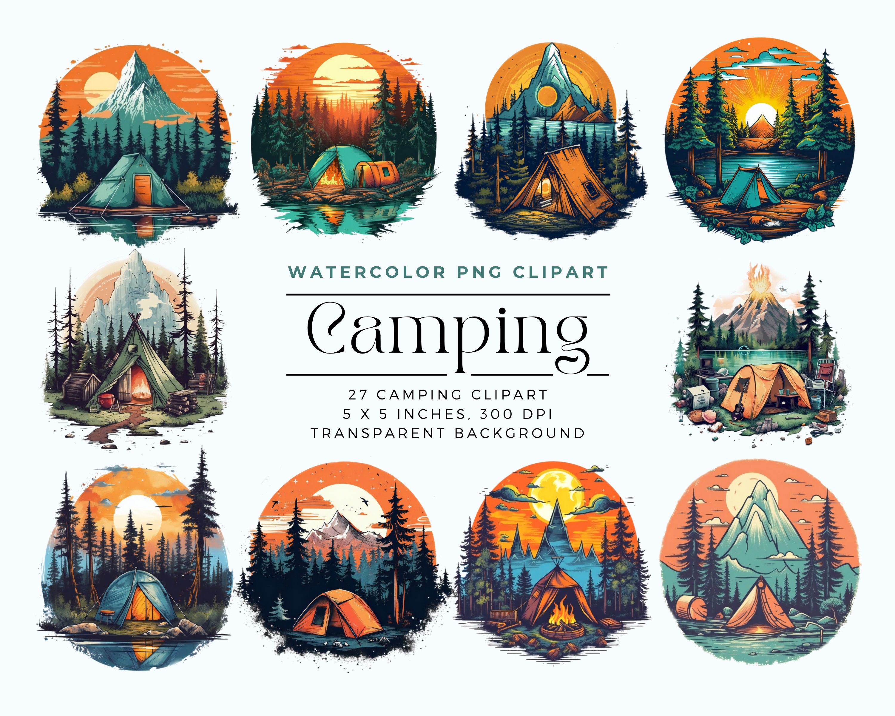 Watercolor Camping Tents Clipart, Tents, Camping, Hiking, Romantic ...