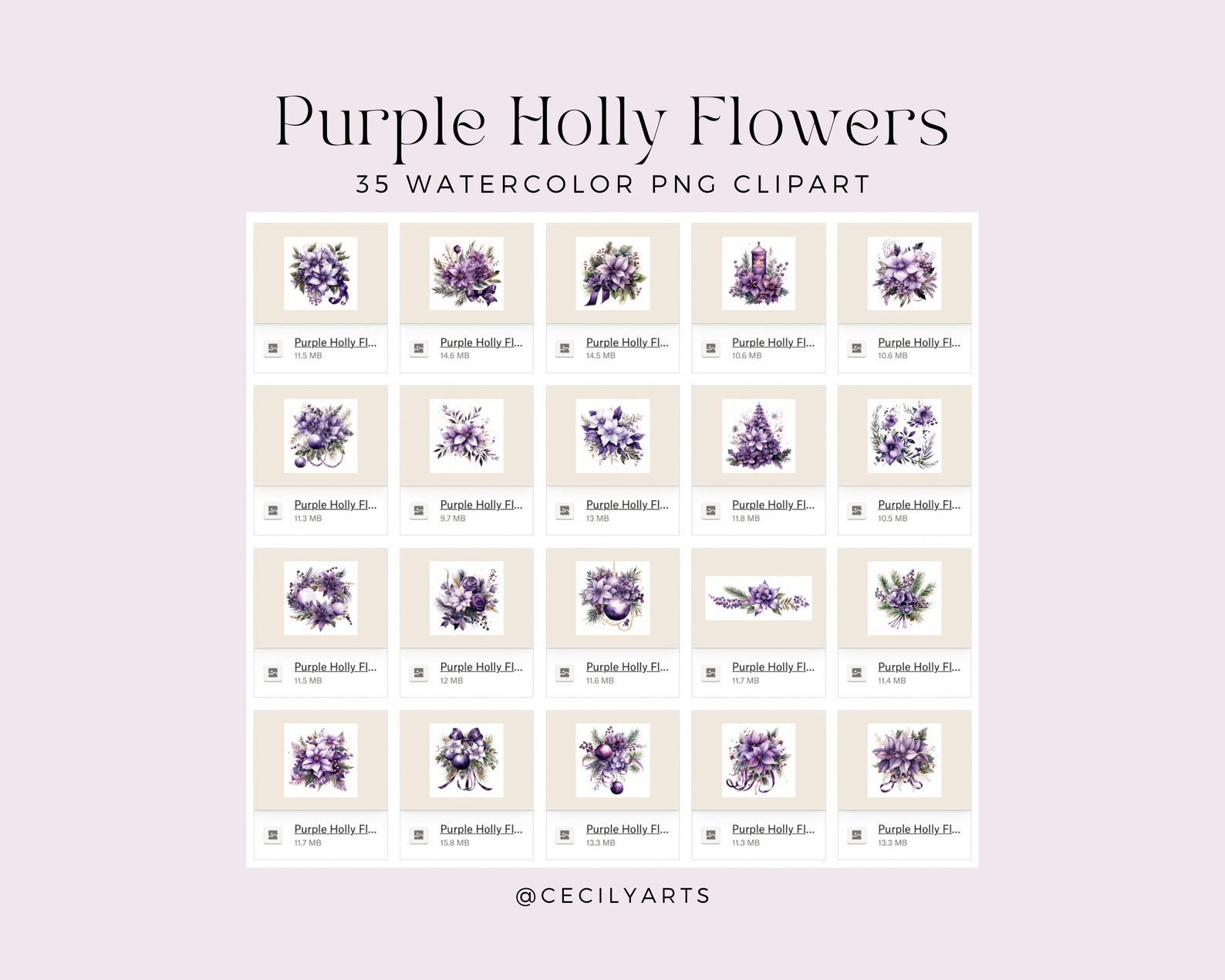 Purple Holly Flowers PNG, Watercolor Holly Clipart, Watercolor Floral ...