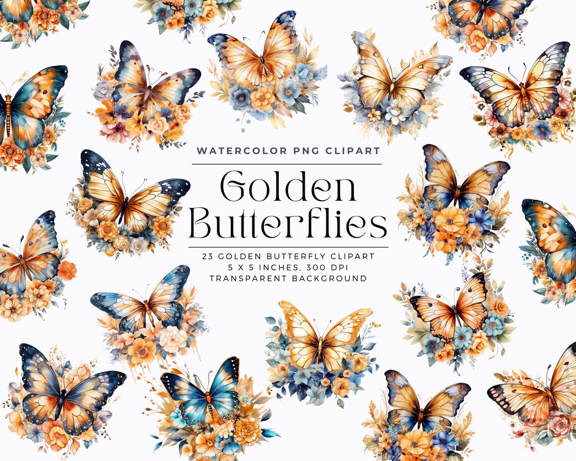 Watercolor Golden Butterfly Floral Clipart - Butterflies and Flowers ...