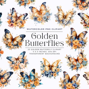 Watercolor Golden Butterfly Floral Clipart - Butterflies and Flowers ...