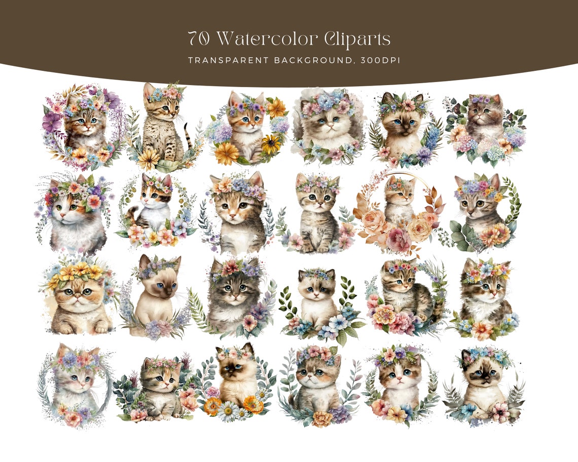 Watercolor Cat Clipart, Cat With Flower Clipart, Cat Watercolor ...