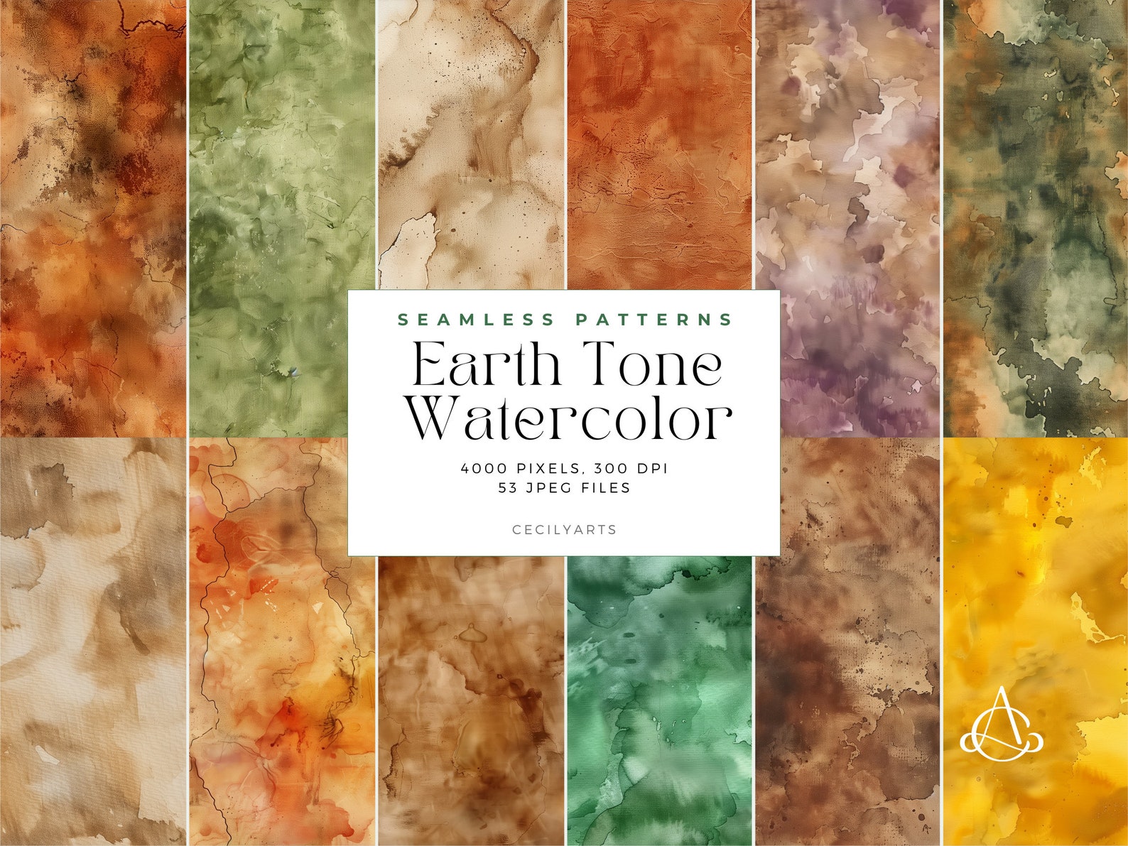 Earth Tone Watercolor Seamless Patterns, Digital Download JPG, Seamless ...