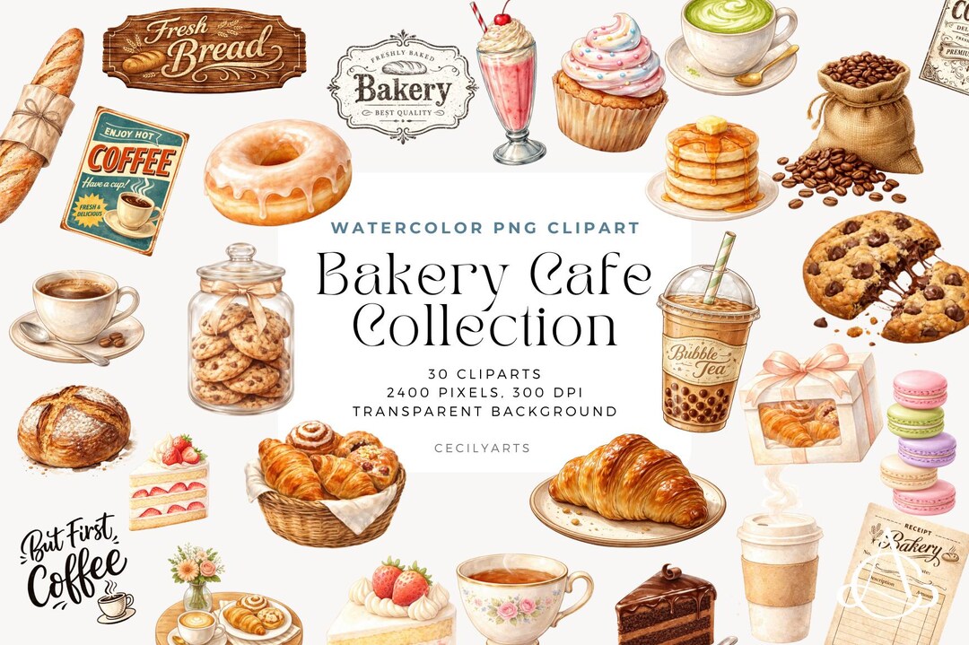 Bakery Cafe Clipart Watercolor Coffee Pastries Croissant PNG Bundle - Etsy