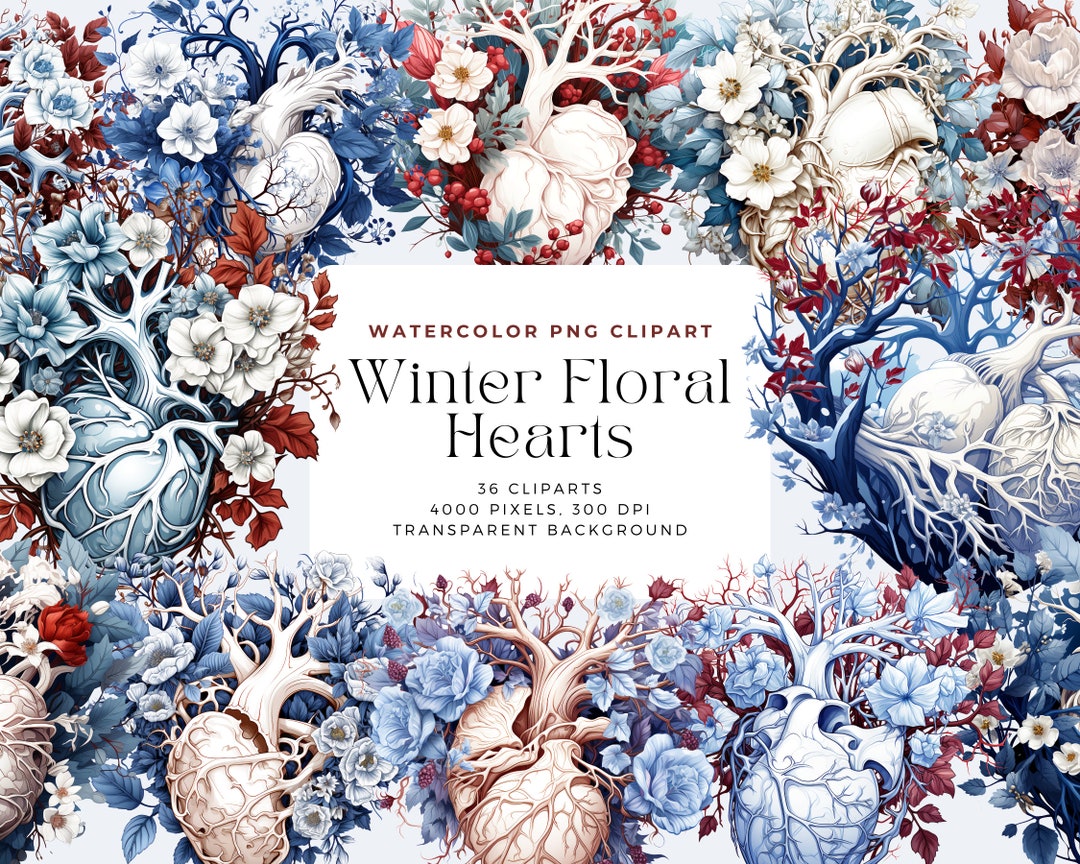 Watercolor Winter Floral Hearts Clipart, Winter Bouquets, Watercolor ...