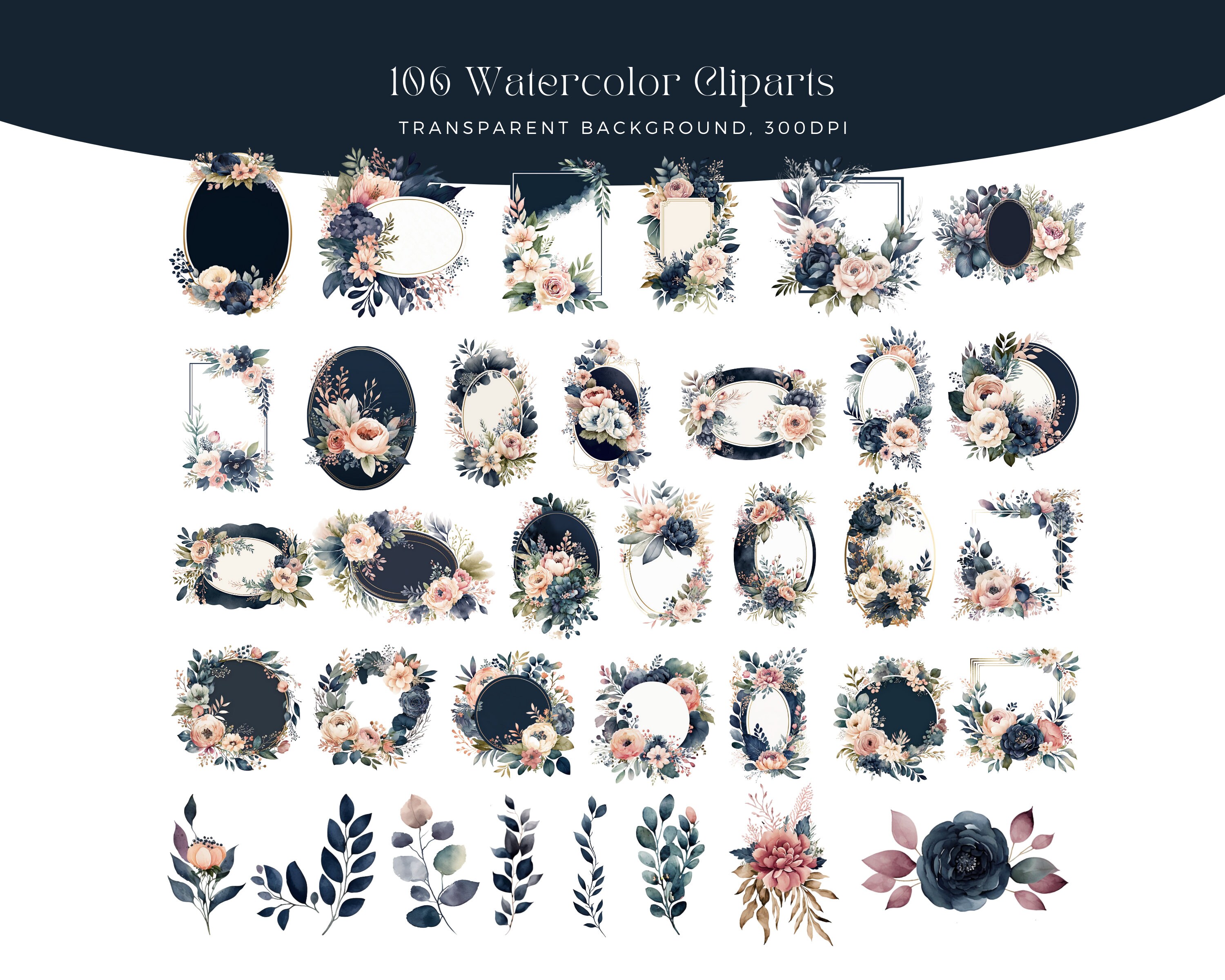 Blush and Navy Flowers PNG, Watercolor Floral Clipart Bouquets ...
