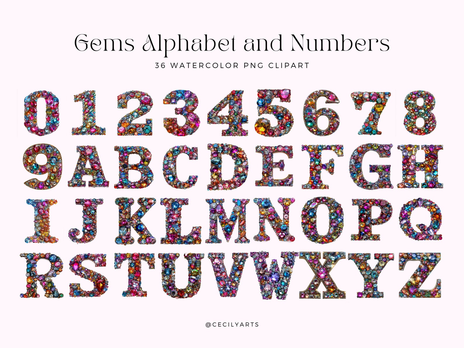 Gems Alphabet and Numbers Cliparts, Alphabet PNG, Floral Alphabet A - Z ...