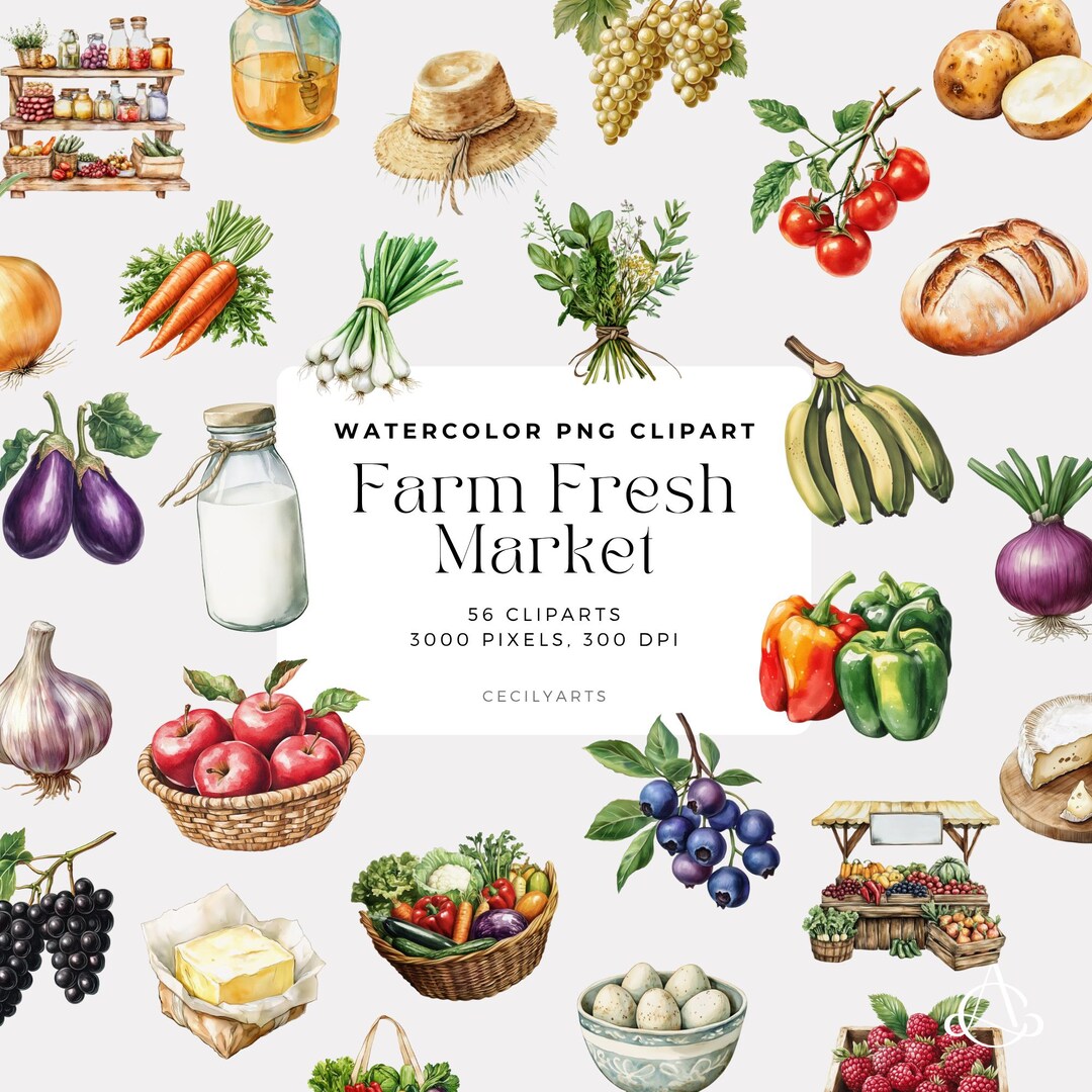 Farm Fresh Market Watercolor Clipart | Rustic Produce, Vegetables ...