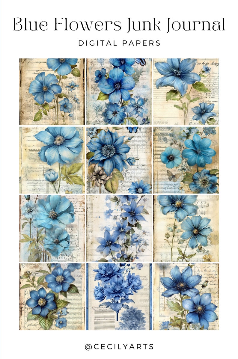 Blue Floral Junk Journal Printable Vintage Papers, Vintage Paper ...
