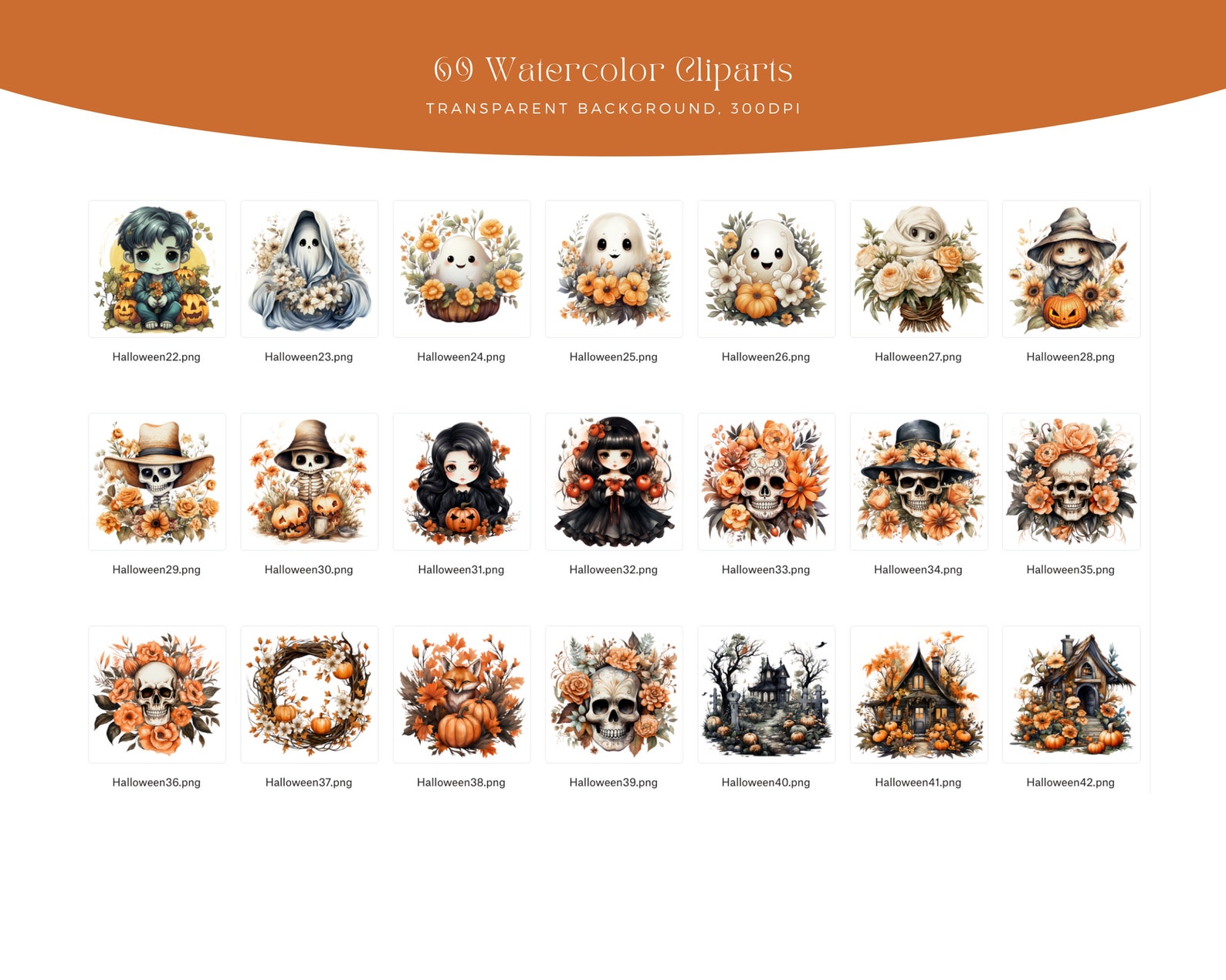 Watercolor Halloween Clipart, Cute Ghost, Pumpkin, Cat (PNG, Commercial ...