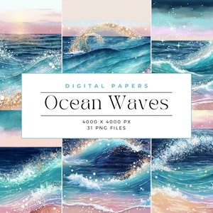 Watercolor Ocean Waves Digital Paper, Water Wave PNG, Glittery Ocean ...