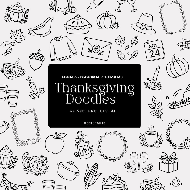 Hand-drawn Thanksgiving Doodles Clipart | Fall Svg and Png Bundle ...
