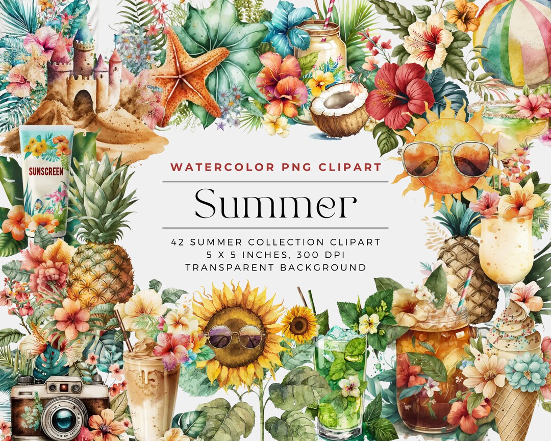 Summer Collection PNG Clipart Seasonal Clipart, Watercolor Summer ...
