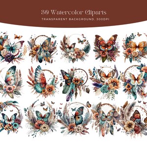 Boho Flower Butterfly PNG, Watercolor Floral Clipart Bouquets, Elements ...