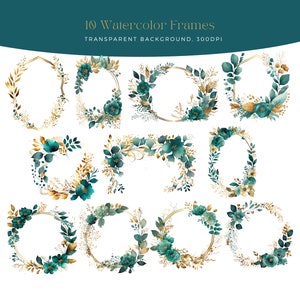 Teal and Gold Flowers PNG, Watercolor Floral Clipart Bouquets, Elements ...