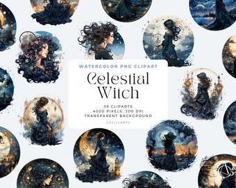 Watercolor Celestial Witch Clipart, Witch Clip Art PNG, Witch Bundle ...