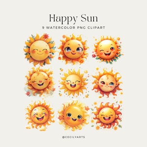 Happy Sun Clipart, Watercolor Cute Sun Clipart, Commercial Use, Weather ...